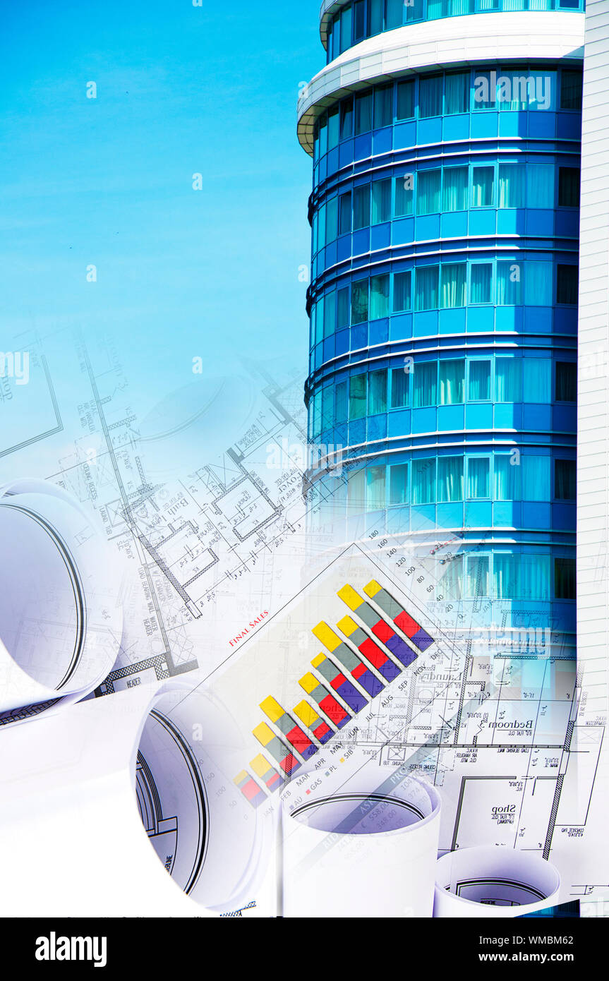 Office building, official papers, blueprints, business collage Stock ...