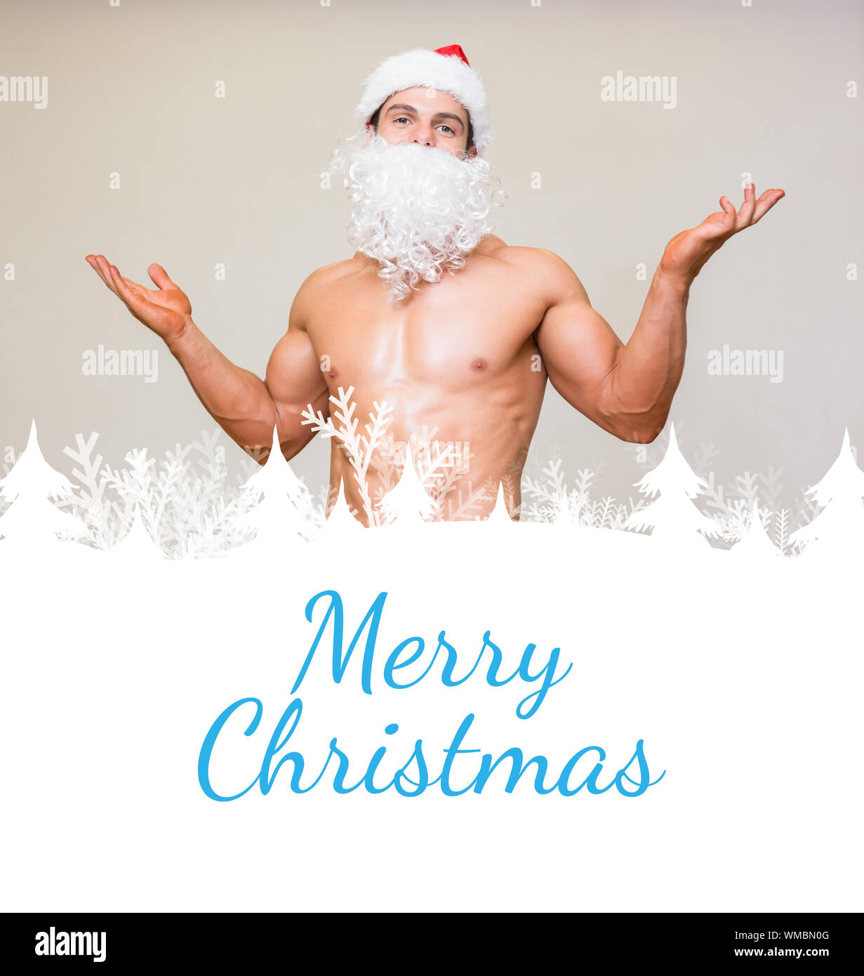 Portrait of shirtless macho man with fake santa beard against merry ...
