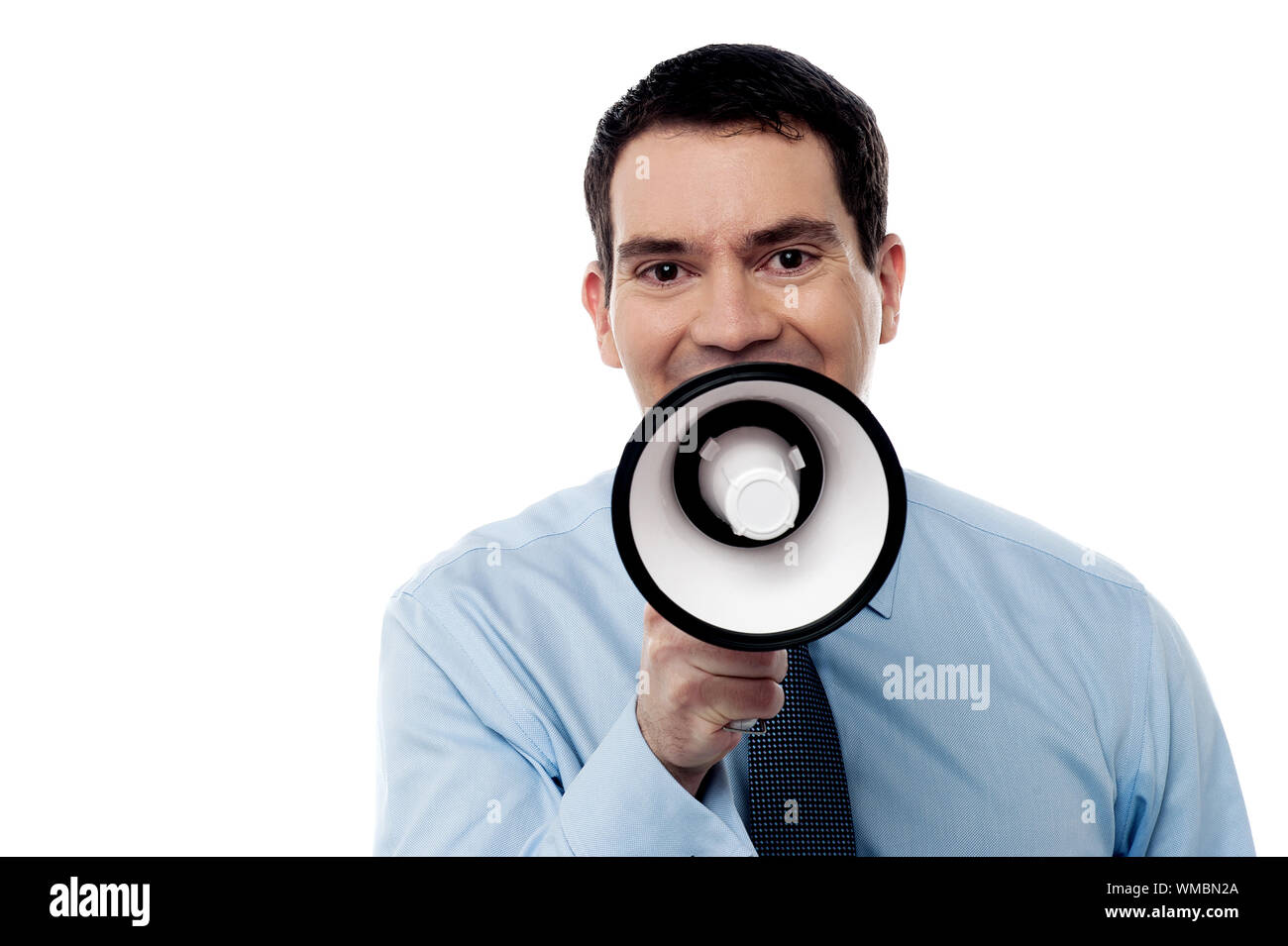 Corporate man making announcement over loudhailer Stock Photo - Alamy