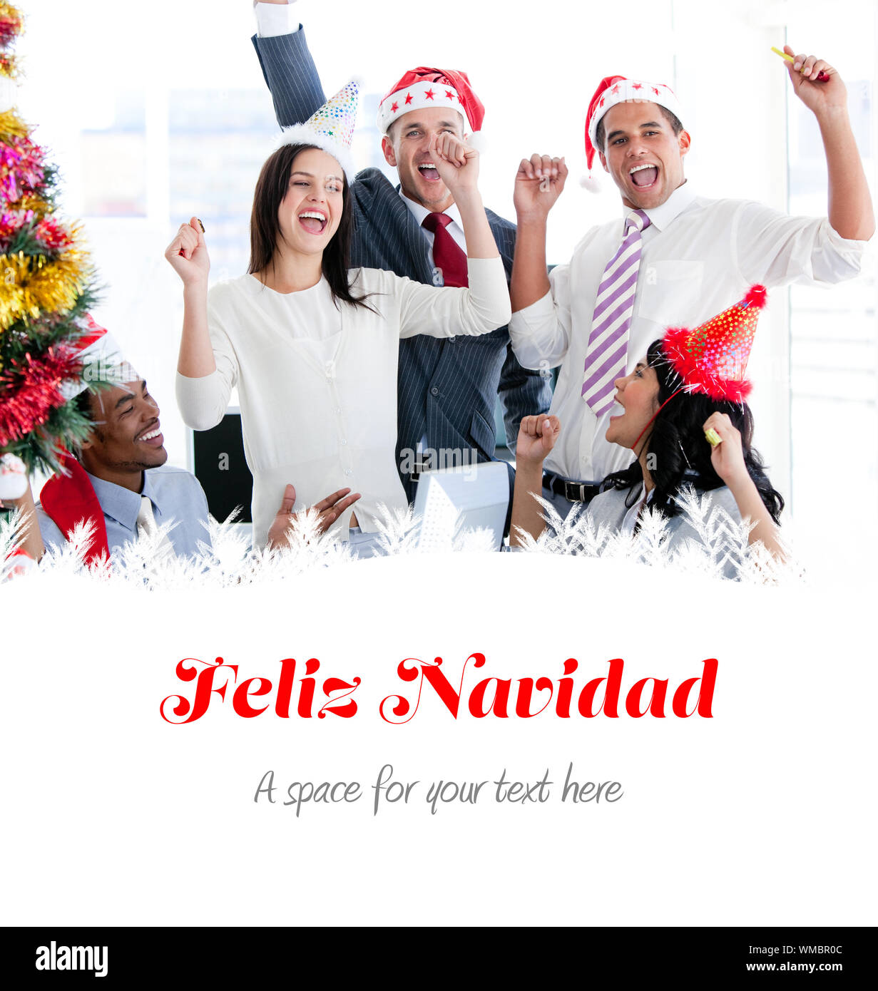 Business team punching the air to celebrate christmas against feliz ...