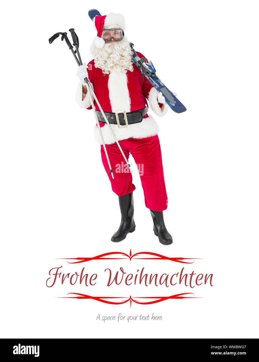 Santa claus holding ski and ski poles against border Stock Photo - Alamy