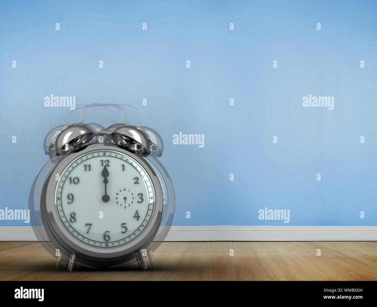 Alarm clock counting down to twelve against blue room with wooden floor ...