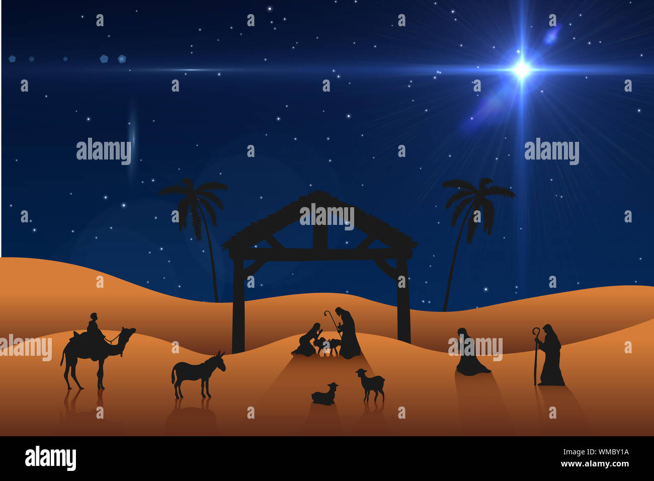 Nativity scene against bright star in night sky Stock Photo - Alamy