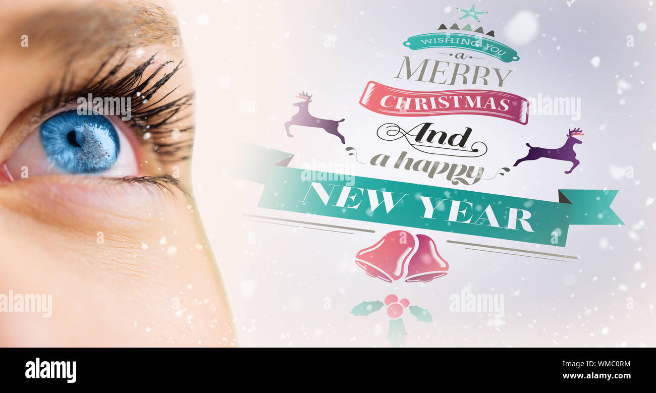 Blue eye looking up on female face against purple vignette Stock Photo ...