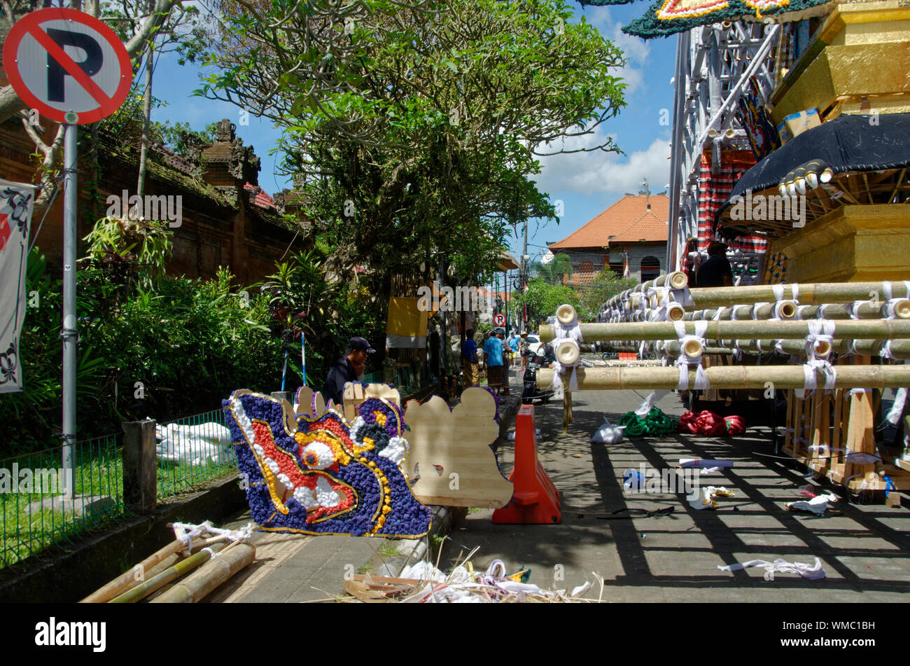 Components of a funeral pyre being constructed and assembled in Ubud ...