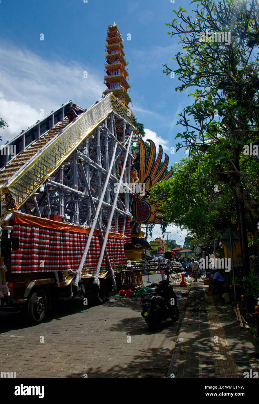 Components of a funeral pyre being constructed and assembled in Ubud ...