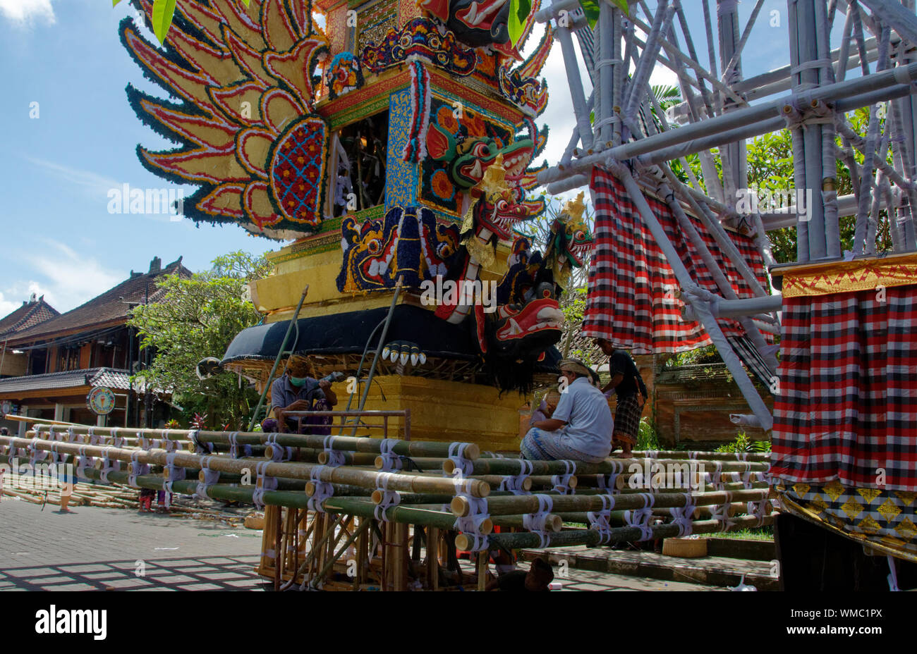 Components of a funeral pyre being constructed and assembled in Ubud ...