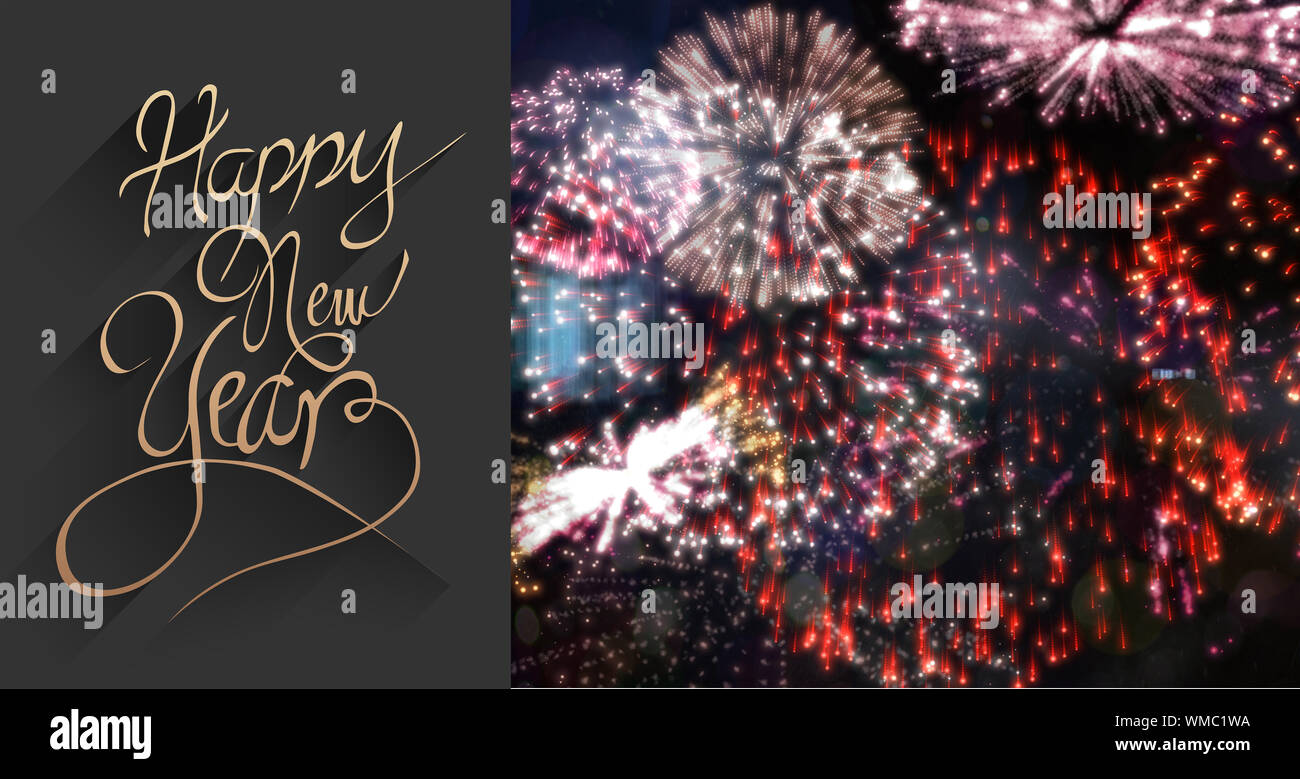 Classy new year greeting against colourful fireworks exploding on black ...
