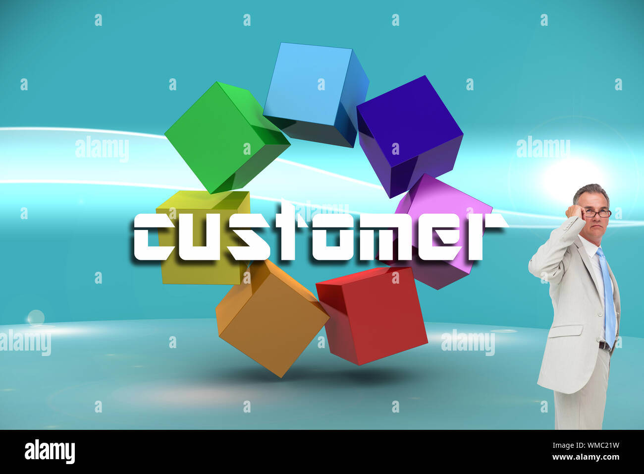 Thinking businessman against futuristic bright blue background Stock ...