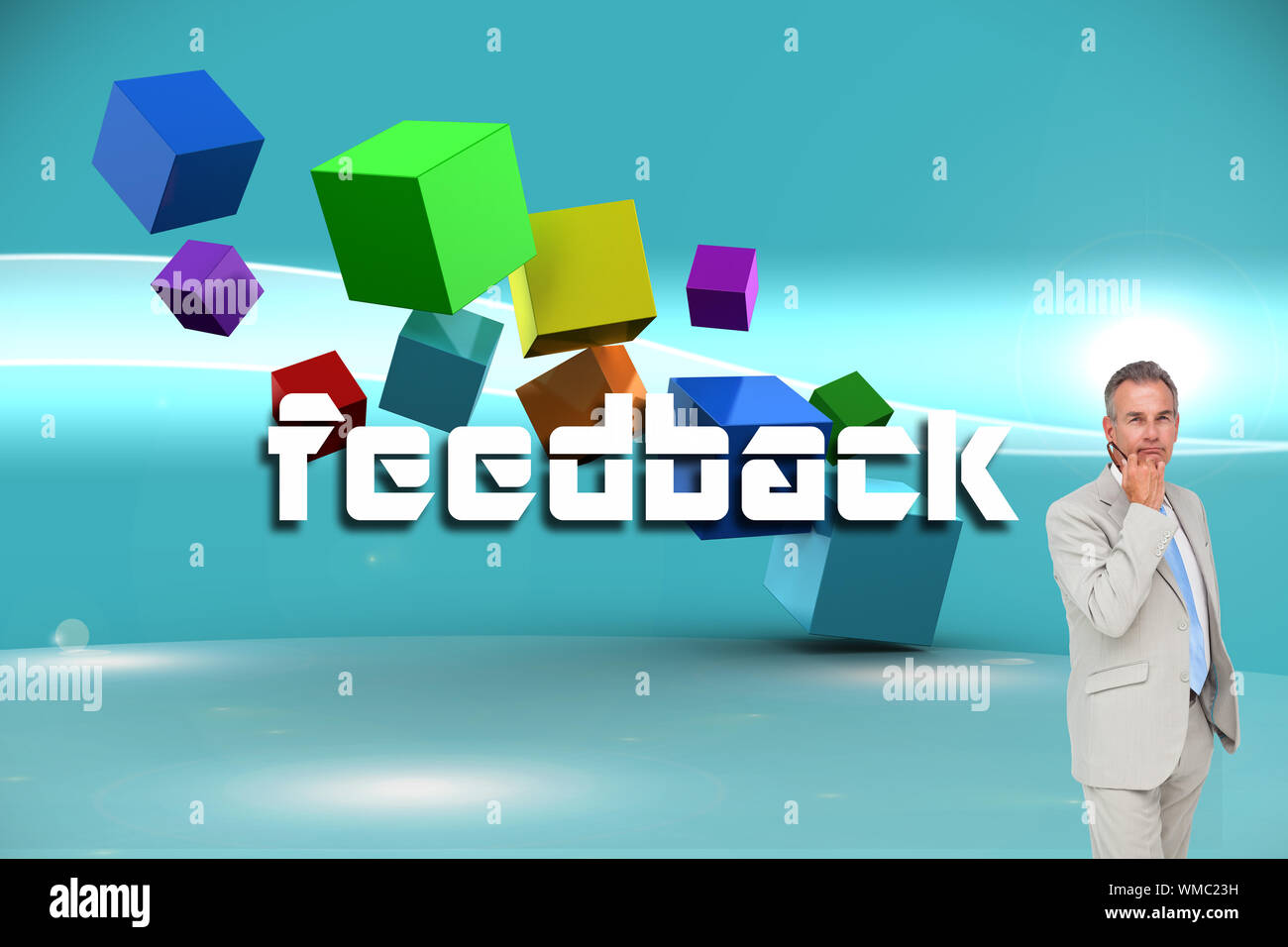 Thinking businessman against futuristic bright blue background Stock ...