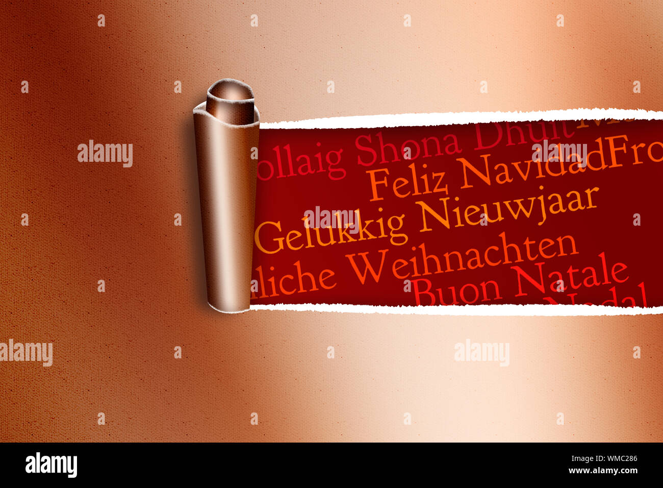 Rip in gold paper against holiday greetings in different languages ...