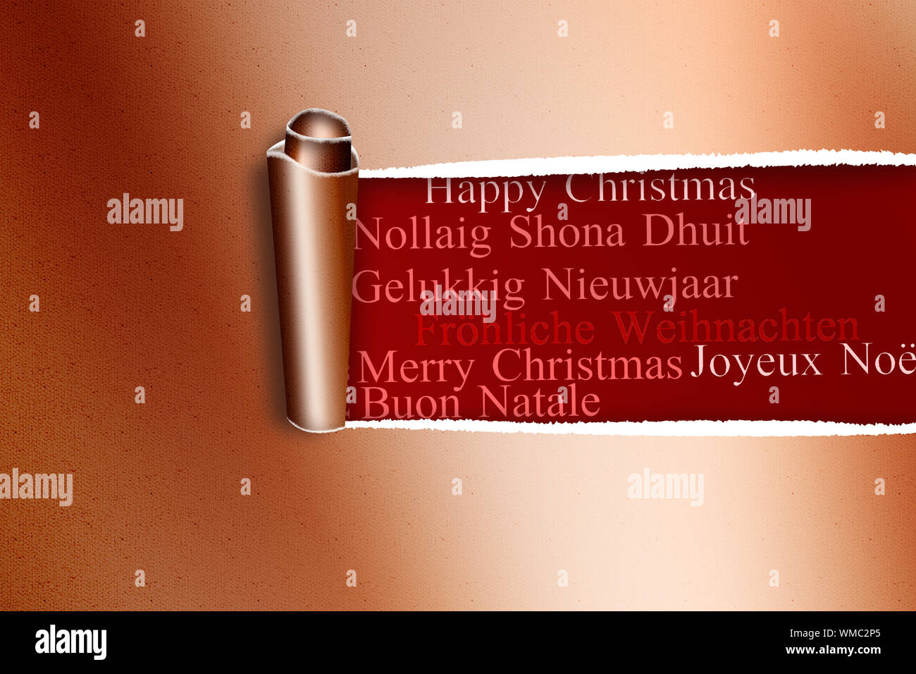 Rip in gold paper against holiday greetings in different languages ...