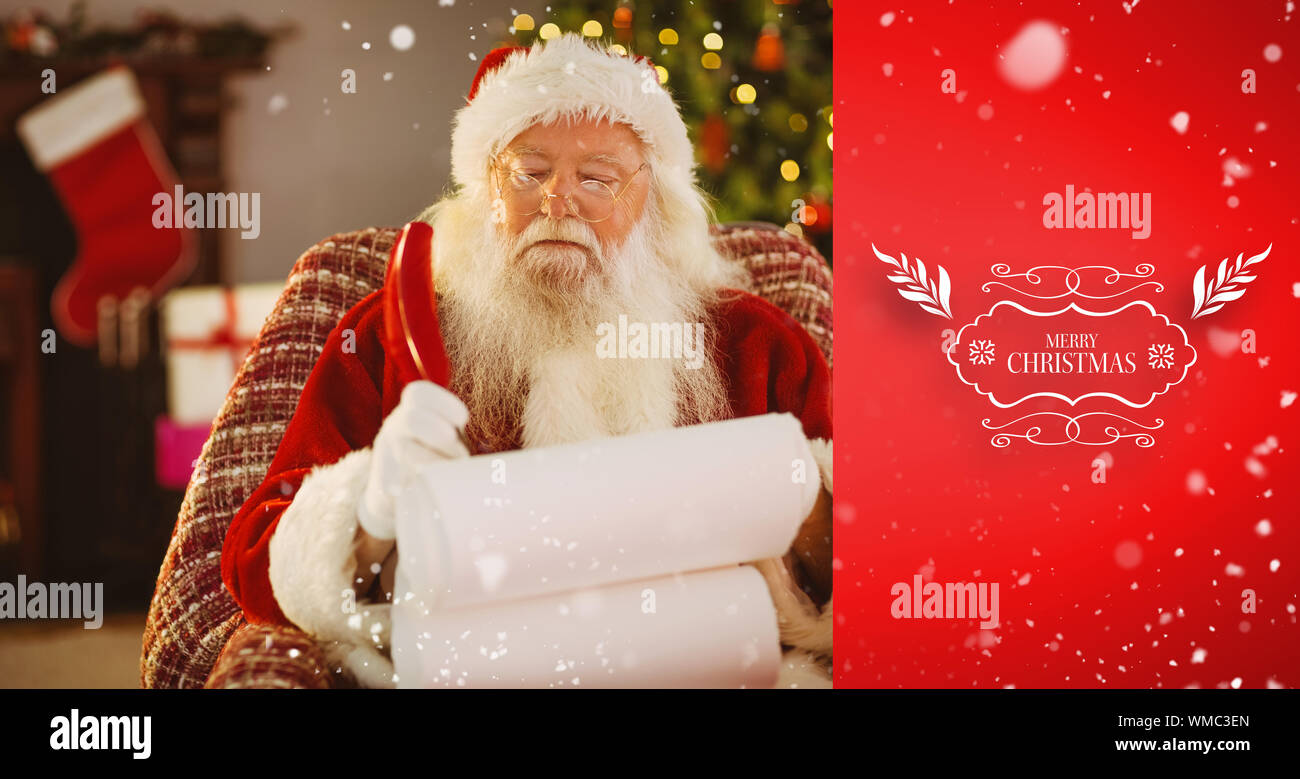 Santa claus writing his list with a quill against red vignette Stock ...