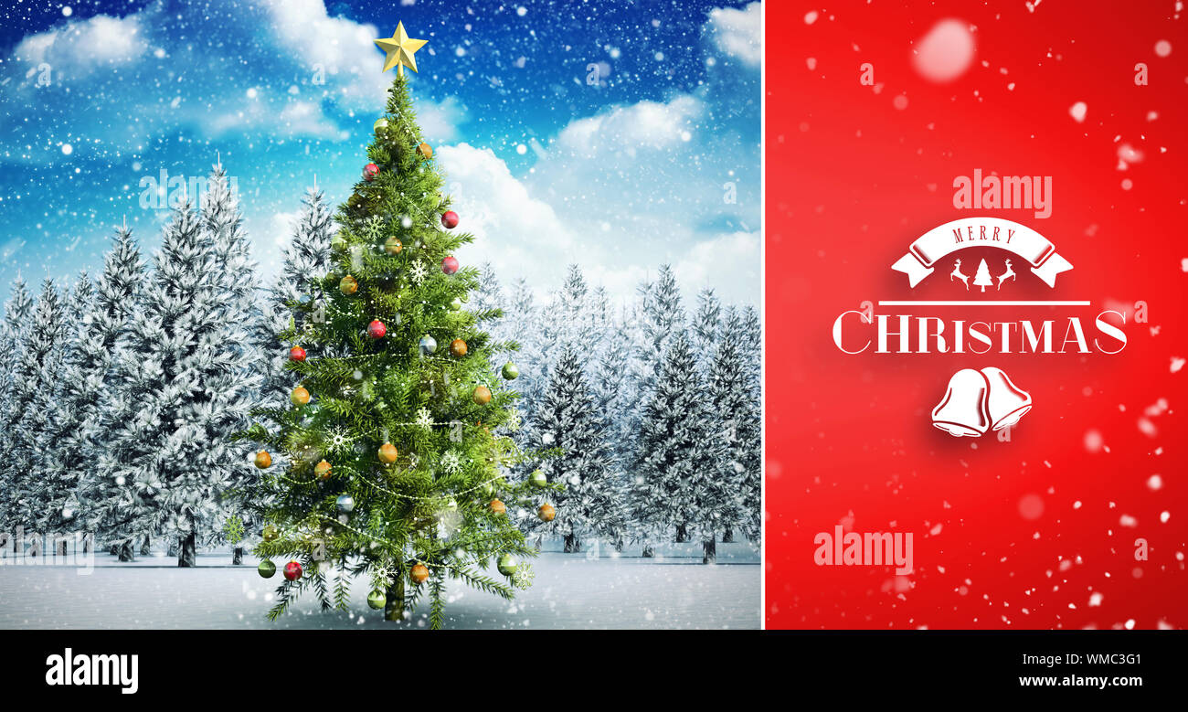 Snow falling against christmas tree in snowy landscape Stock Photo - Alamy