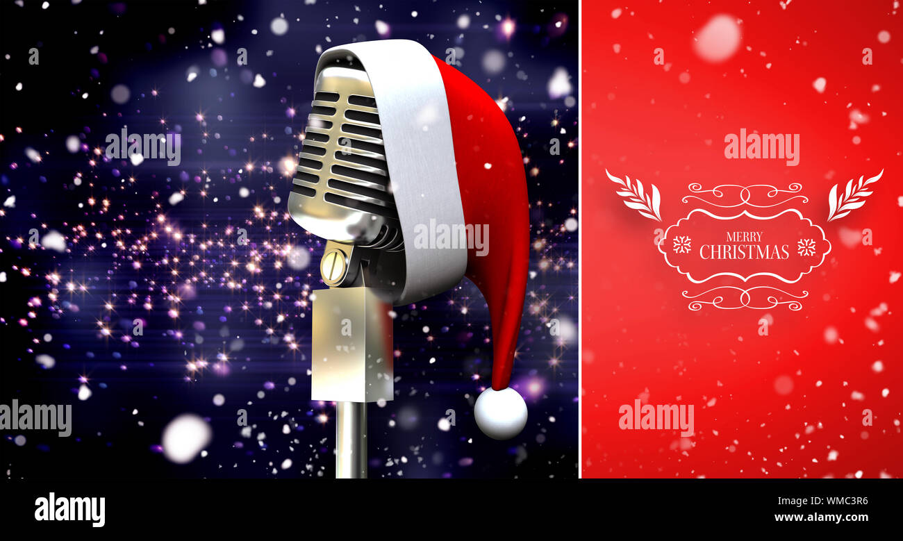 Snow falling against microphone with santa hat Stock Photo - Alamy