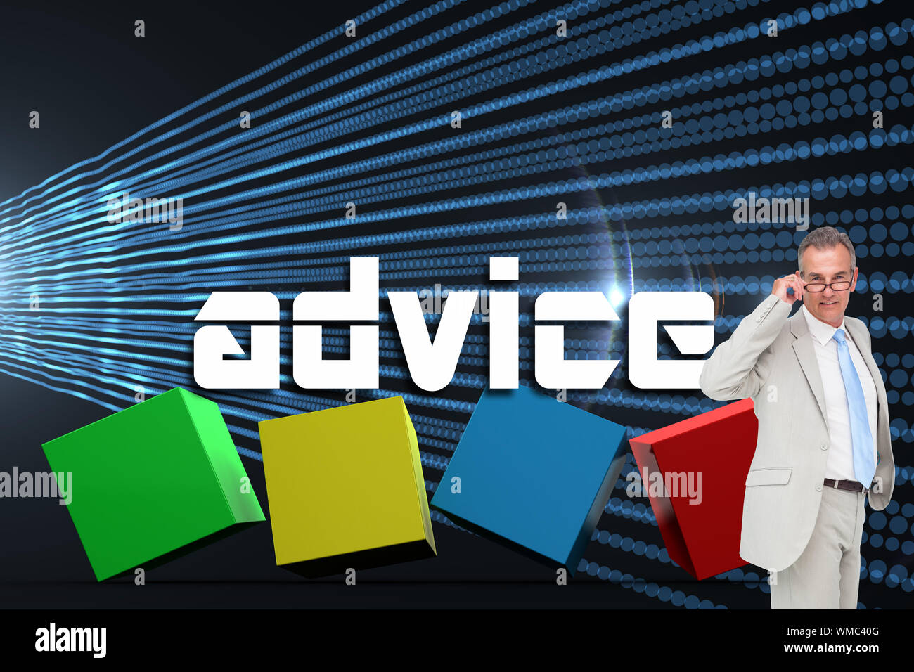 The word advice and thinking businessman against abstract shiny lines ...