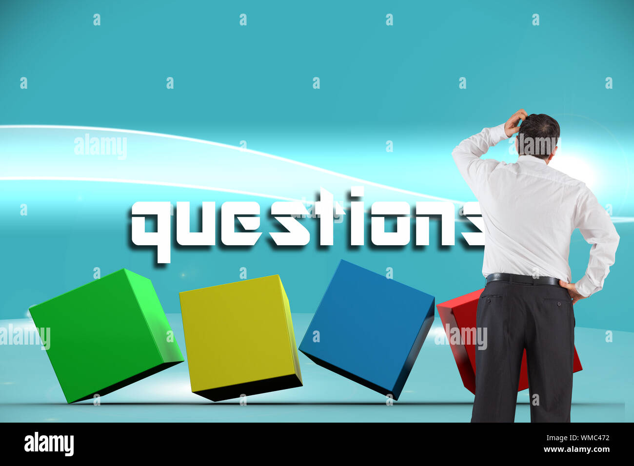 The word questions and mature businessman looking and considering ...