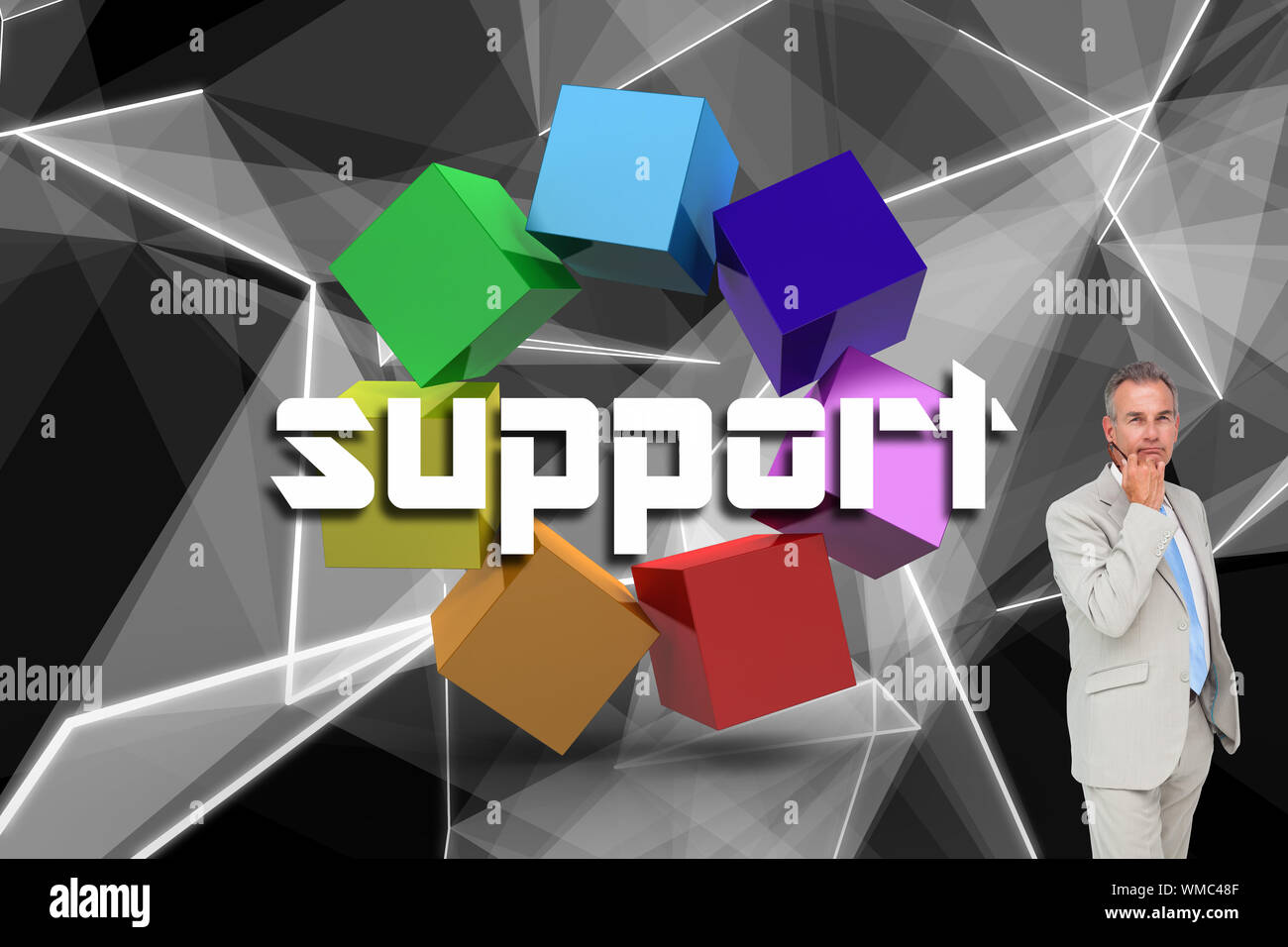 The word support and thinking businessman against abstract glowing ...
