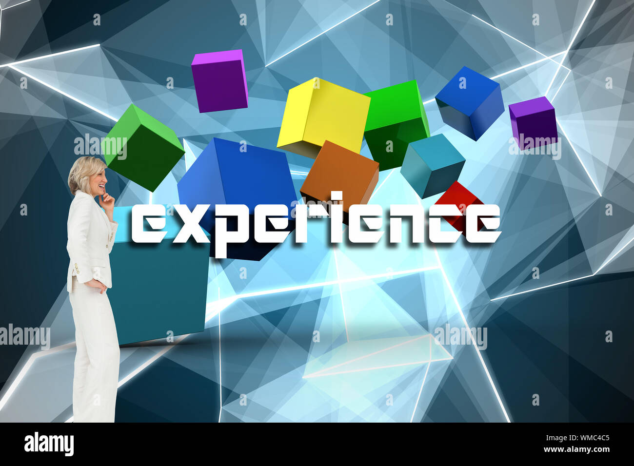 The word experience and thinking businesswoman against abstract glowing ...