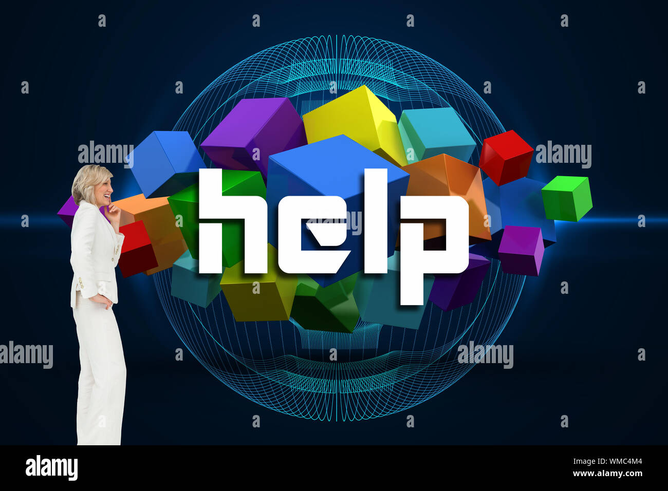 The word help and thinking businesswoman against futuristic glowing ...