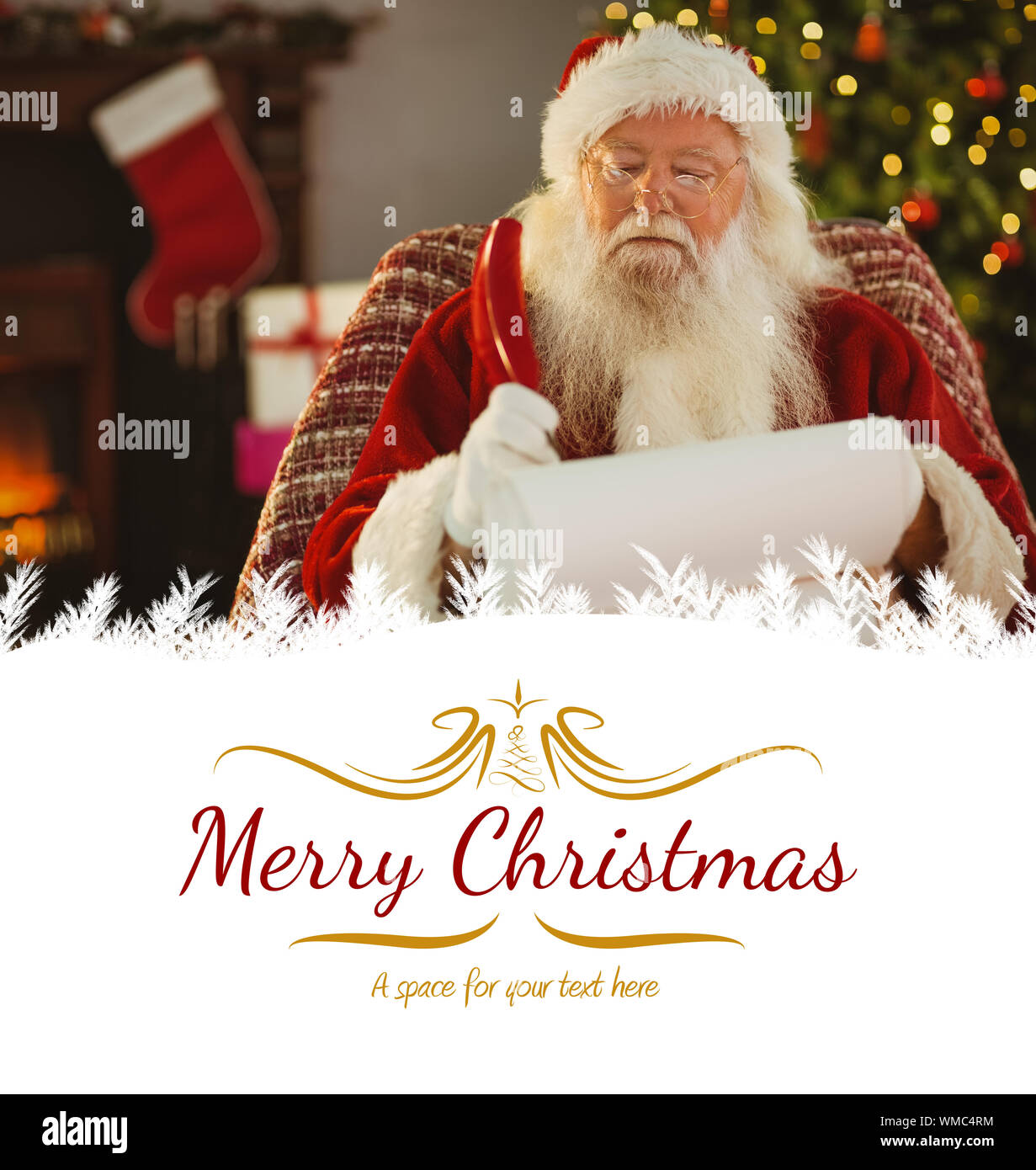 Santa claus writing his list with a quill against border Stock Photo ...