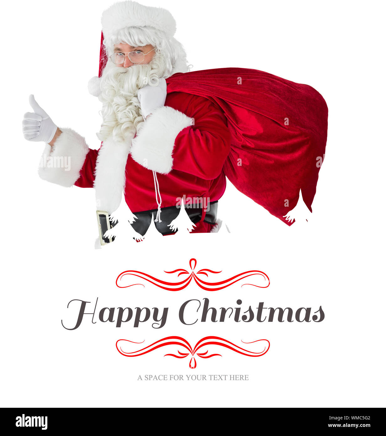 Positive santa with his sack and thumbs up against border Stock Photo ...