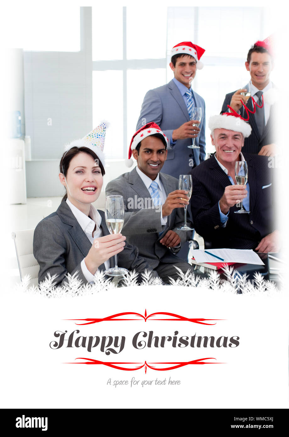 Manager and his team with novelty Christmas hat toasting at a party ...