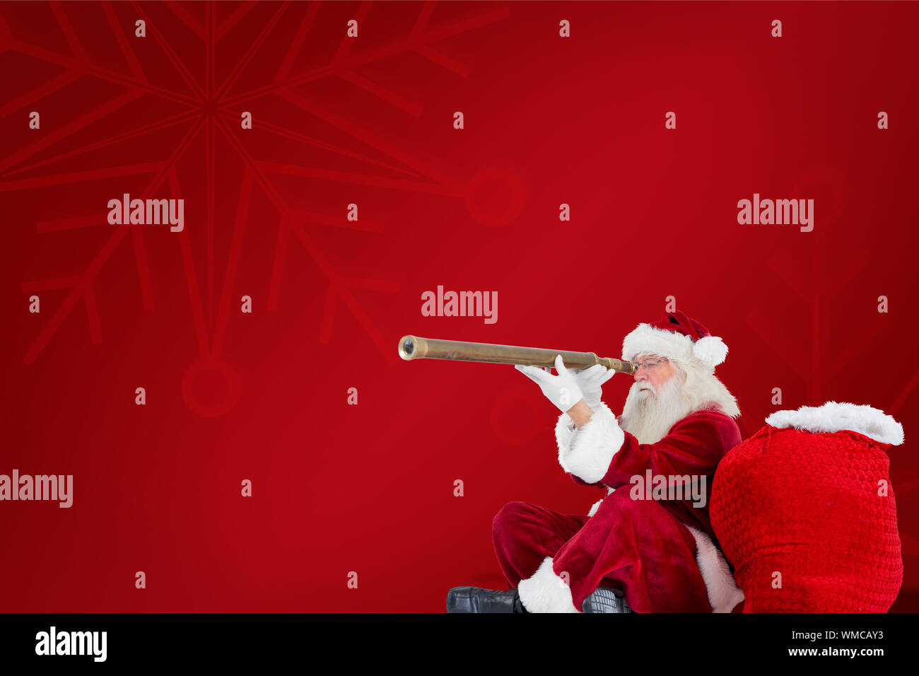 Santa claus looking through telescope against red background Stock ...