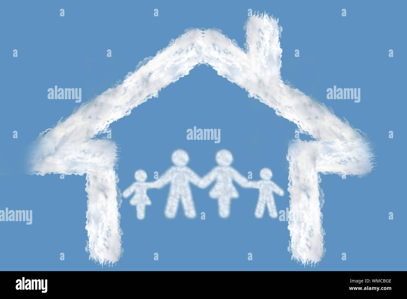 Cloud in shape of family against blue background with vignette Stock ...
