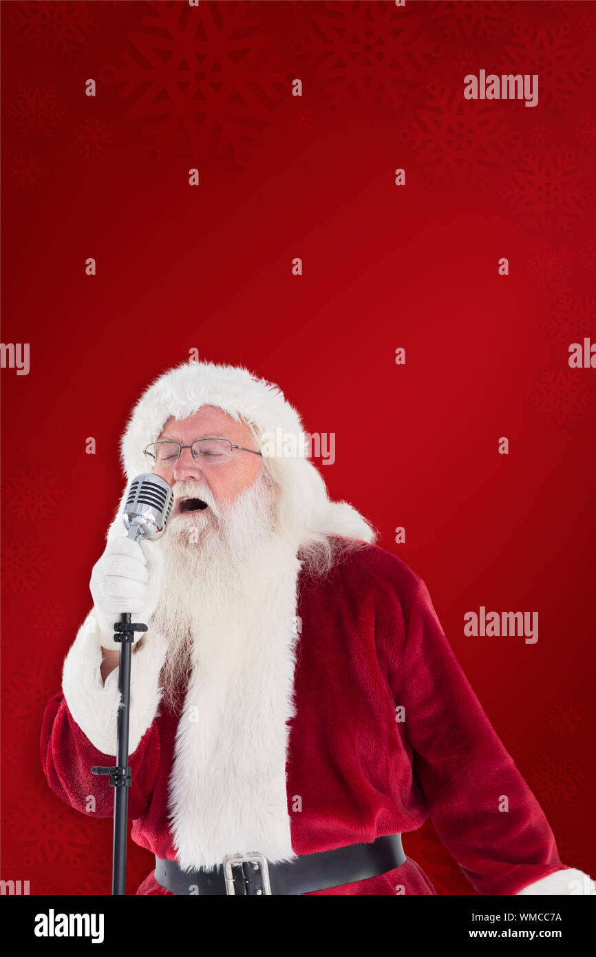 Santa Claus is singing Christmas songs against red background Stock ...