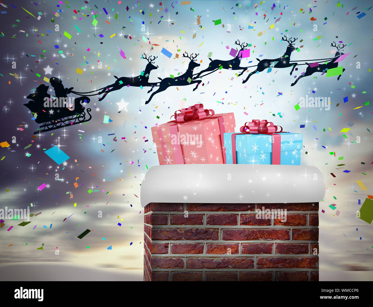 Santa flying his sleigh behind chimney against twinkling stars Stock ...