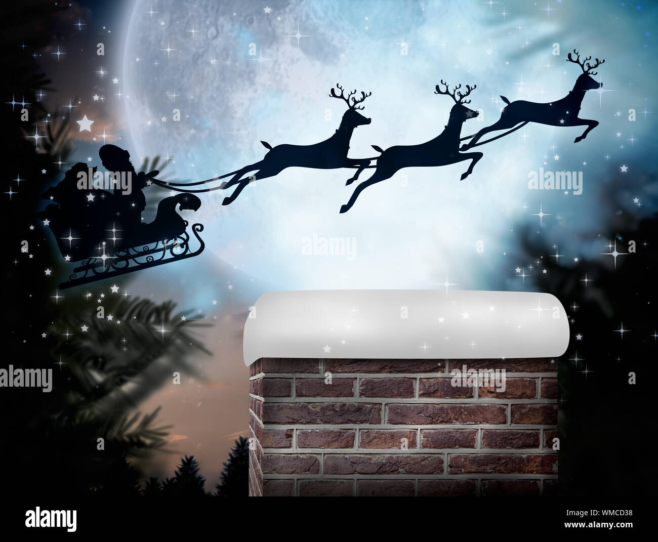 Composite image of santa flying his sleigh against twinkling stars ...