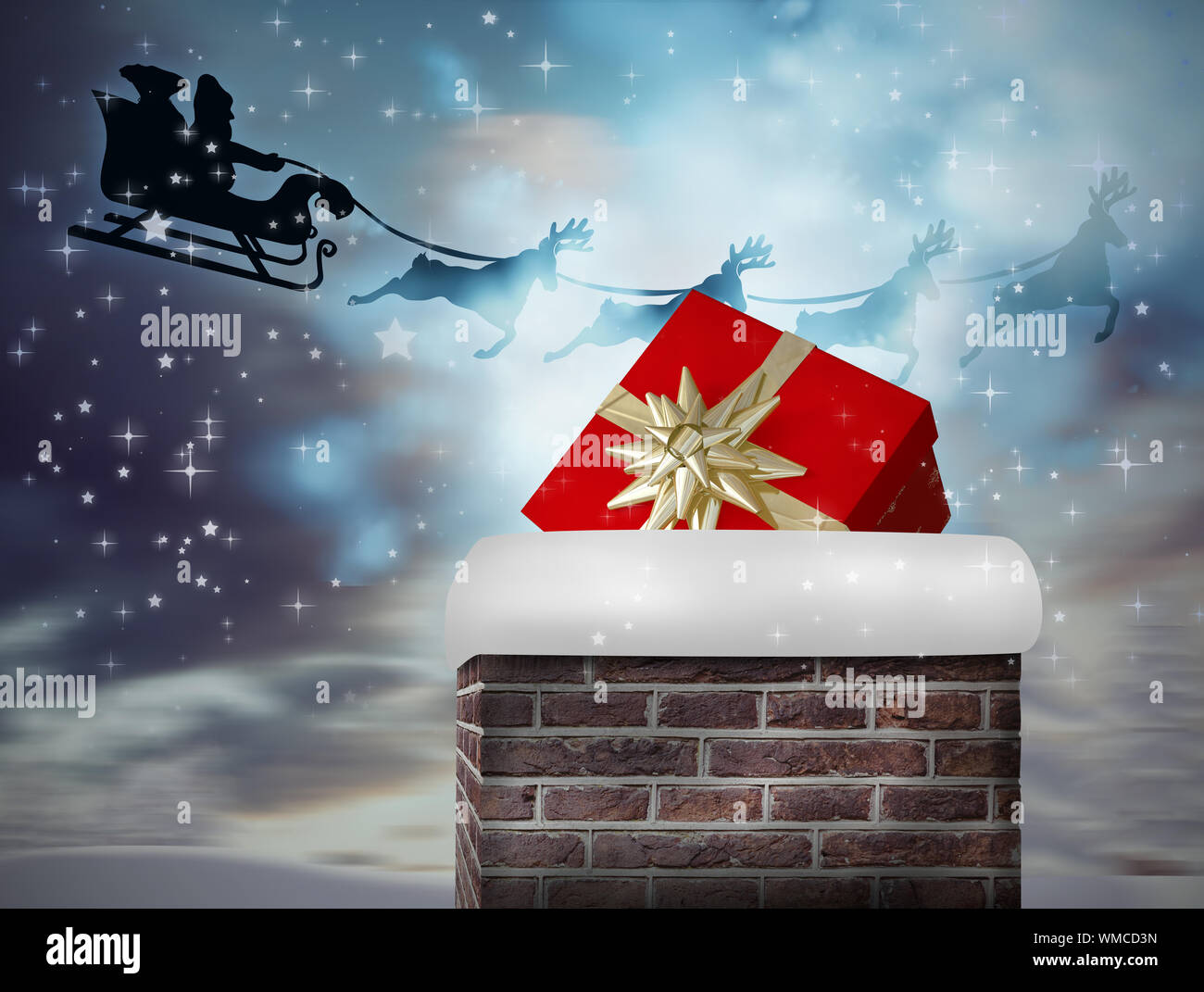 Composite image of santa flying his sleigh against twinkling stars ...