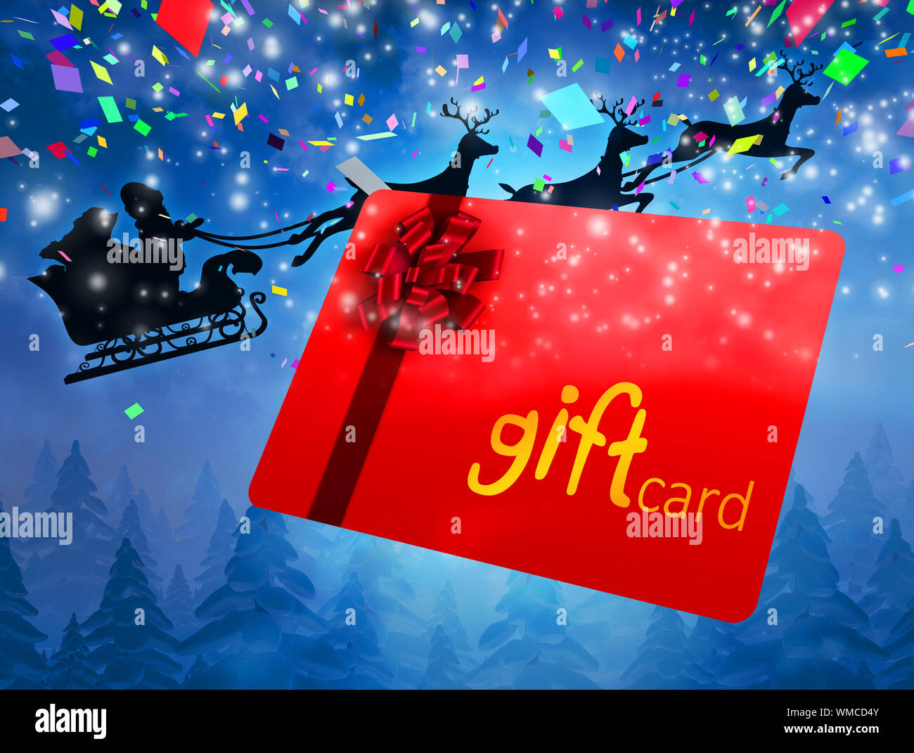 Santa flying his sleigh behind gift card against snow falling on fir ...
