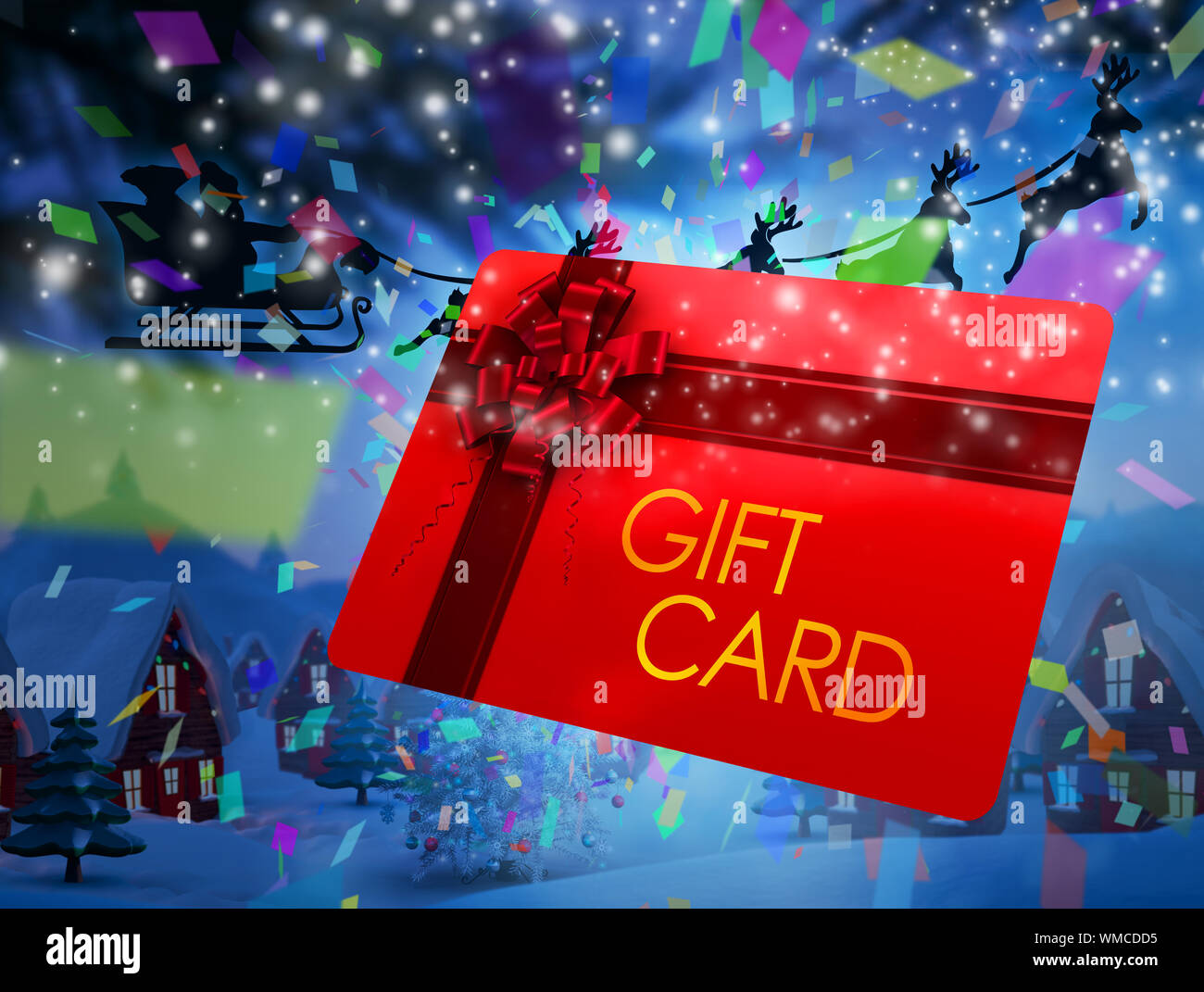 Santa flying his sleigh behind gift card against cute christmas village ...