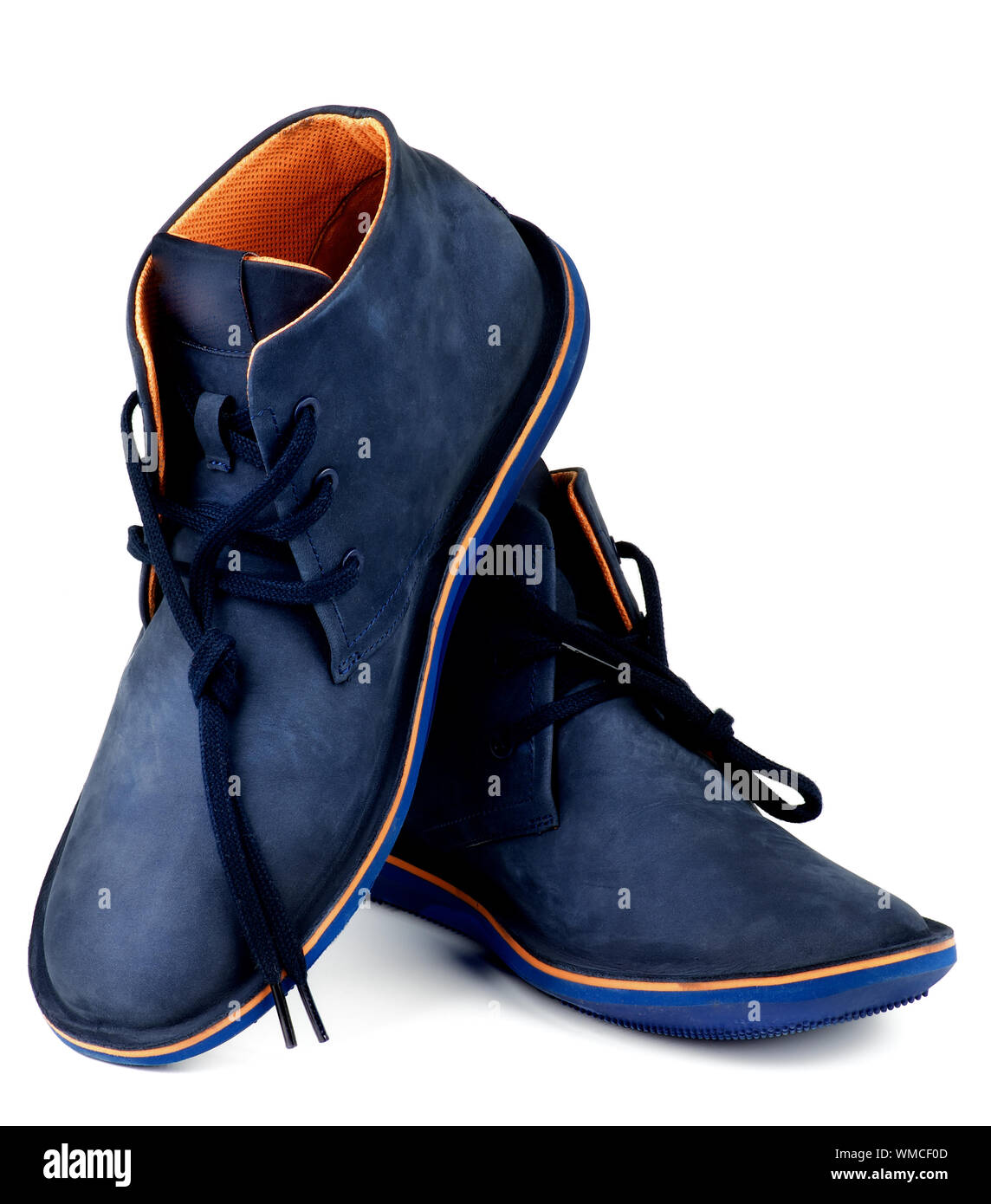 Fashionable Blue and Orange Shammy High Shoes isolated on white ...