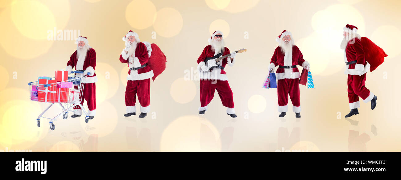 Composite image of different santas against yellow abstract light spot ...