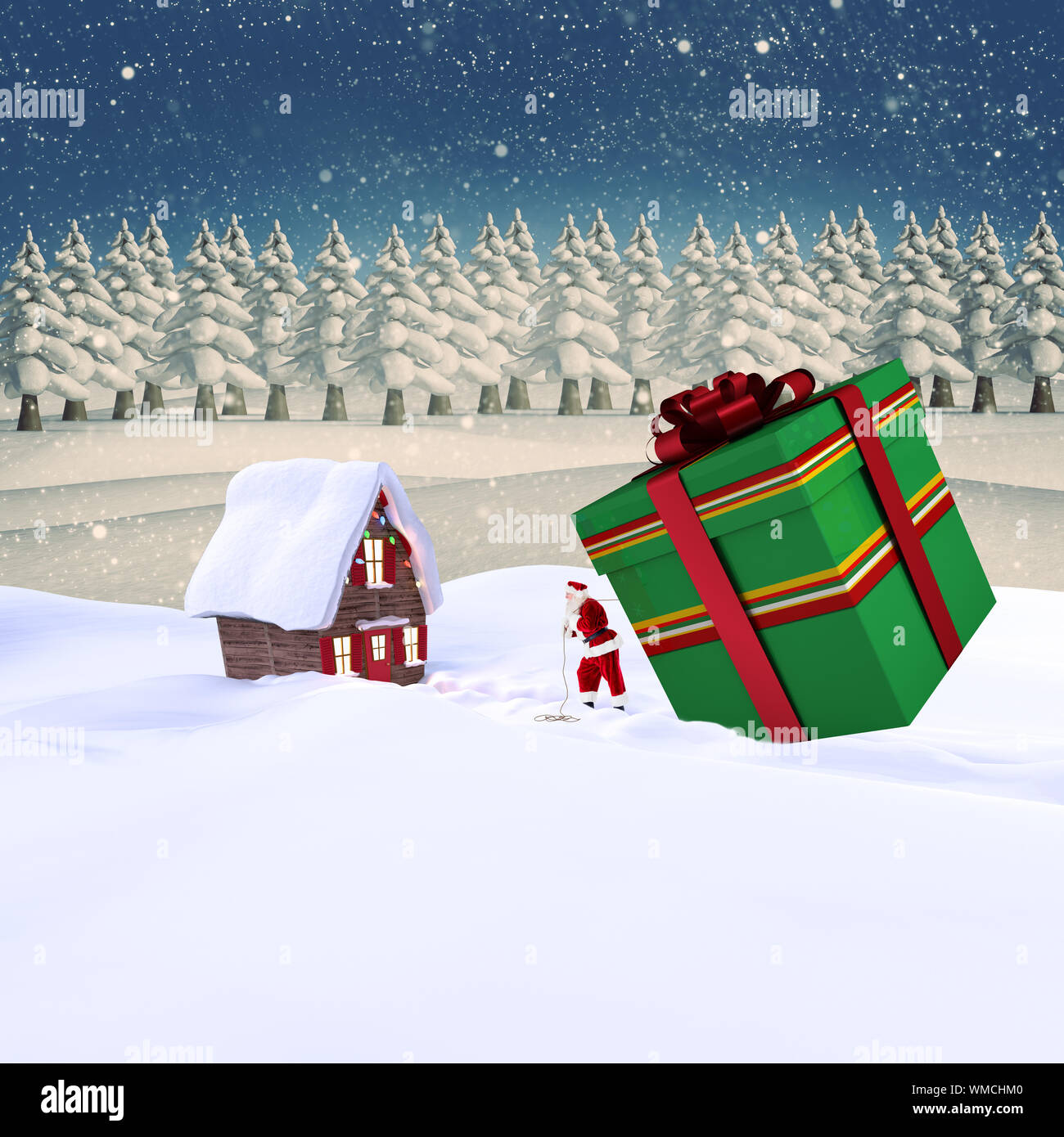 Santa delivering large gift against snowy landscape with fir trees ...