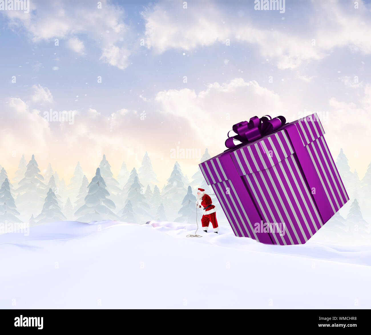Santa delivering large gift against snow falling on fir tree forest ...