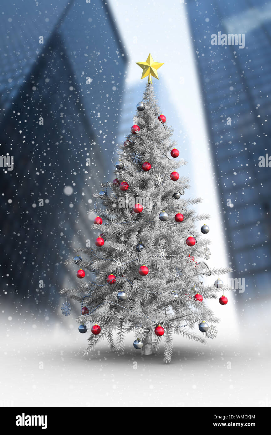 Composite image of christmas tree with falling snow Stock Photo - Alamy
