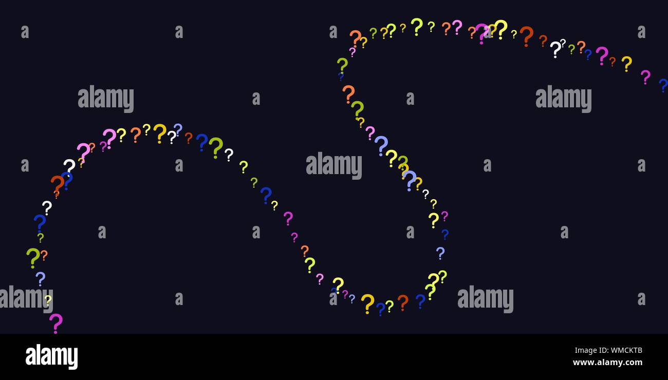 Abstract figure made of bright question marks scattered on a black ...