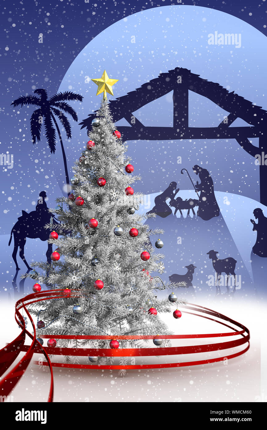 Composite image of christmas tree with falling snow Stock Photo - Alamy