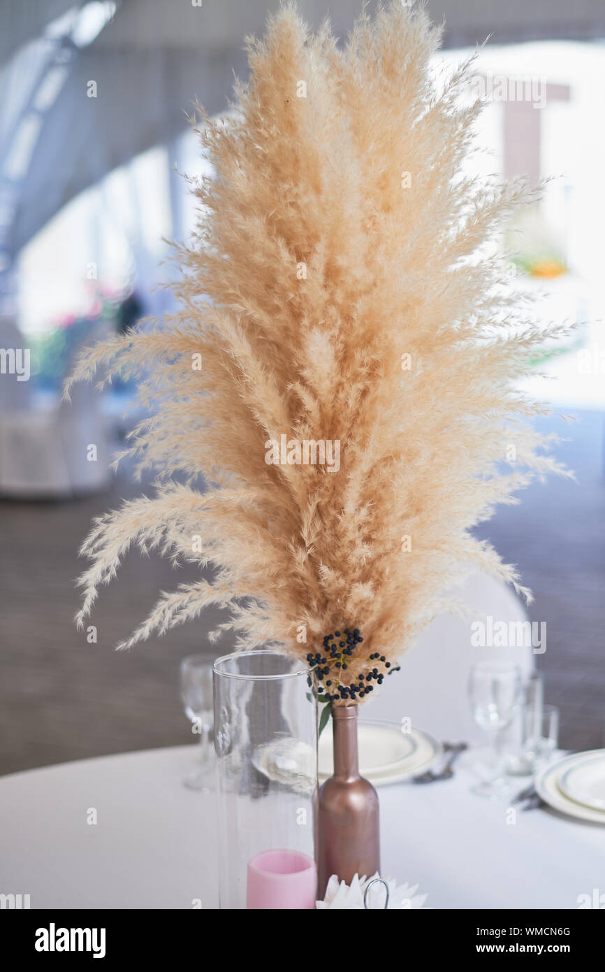 Wedding decoration in boho style.Light colors, in the tent. Wedding ...