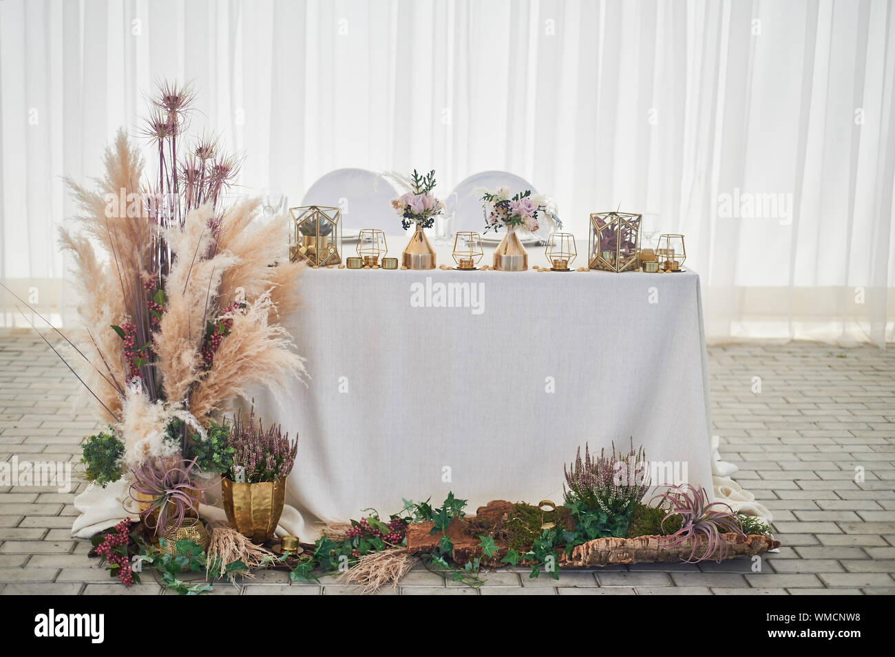 Wedding decoration in boho style.Light colors, in the tent.Wedding ...