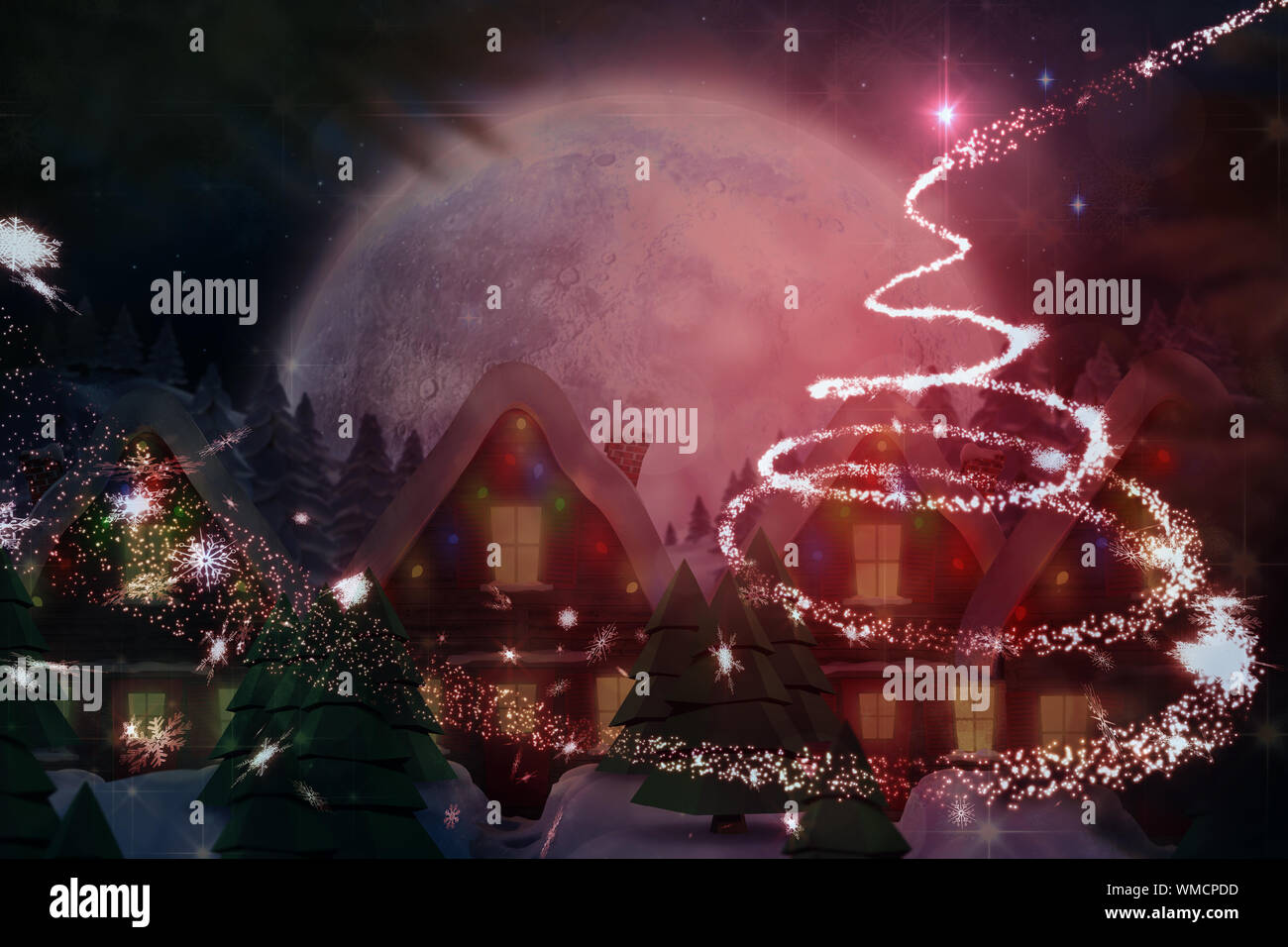 Quaint town with bright moon against christmas light design Stock Photo ...