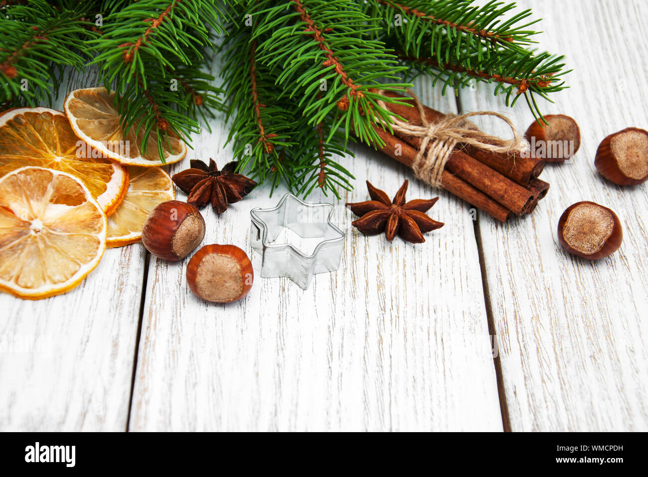 baking concept - spices for christmas cookie and green pine tree Stock ...
