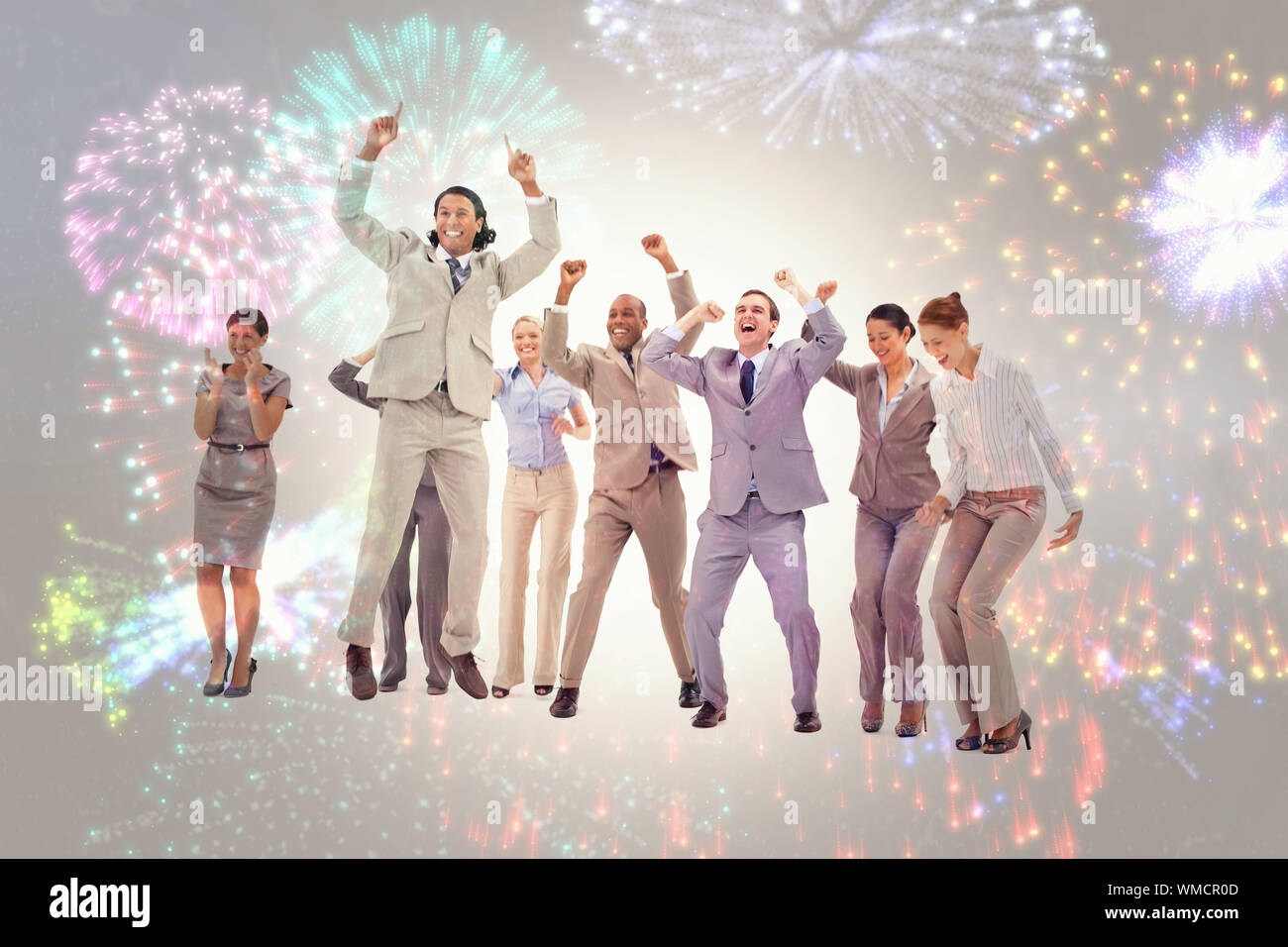 Very enthusiast business people jumping and raising their arms against ...