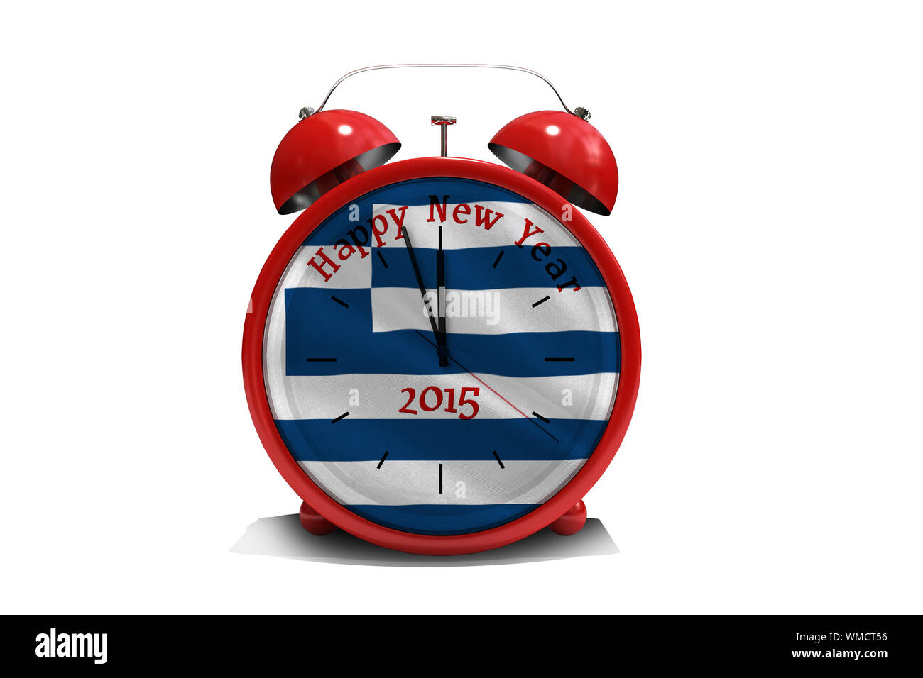 Happy new year in red alarm clock against digitally generated greek ...