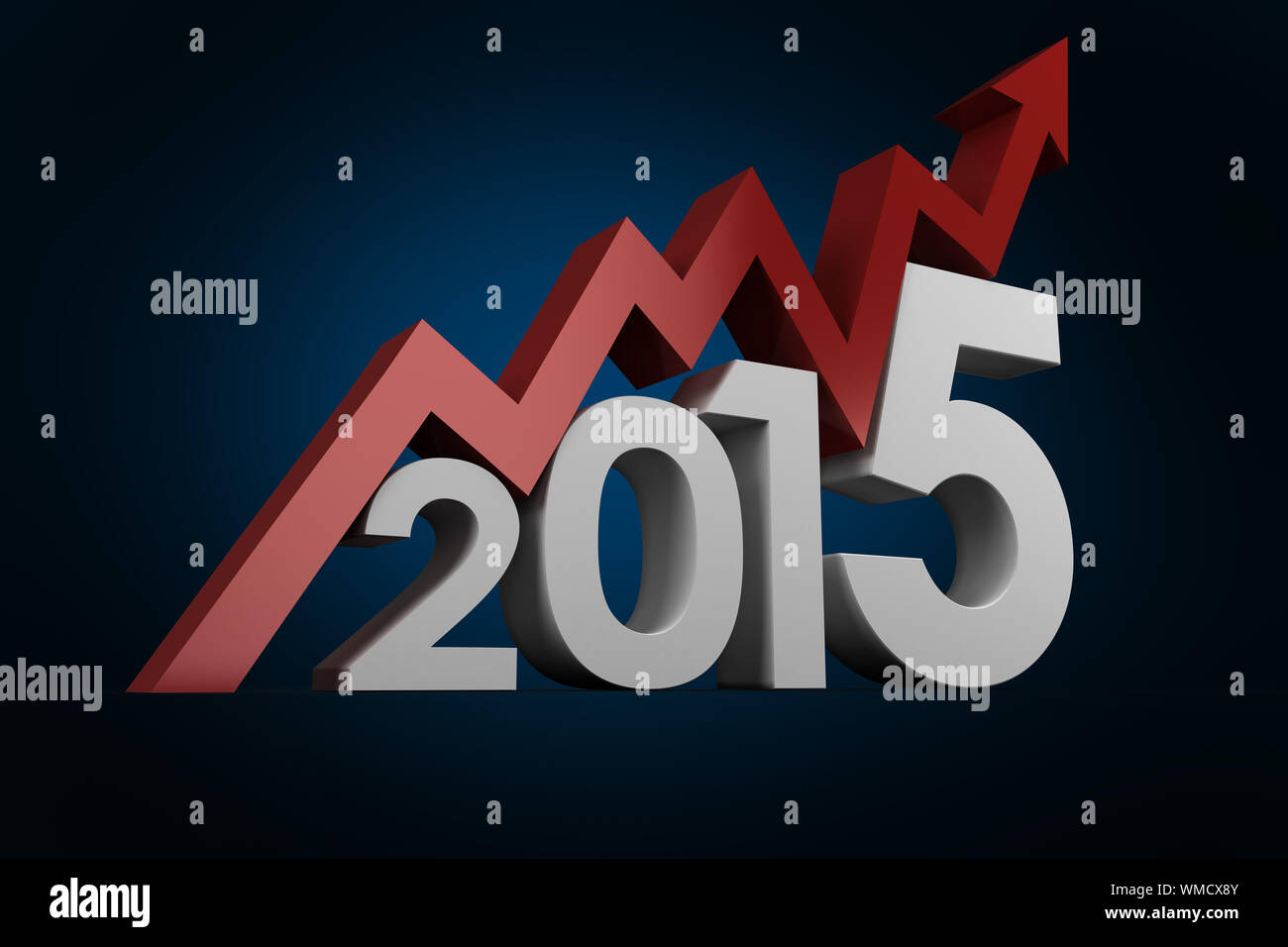 2015 with red arrow against blue background with vignette Stock Photo ...