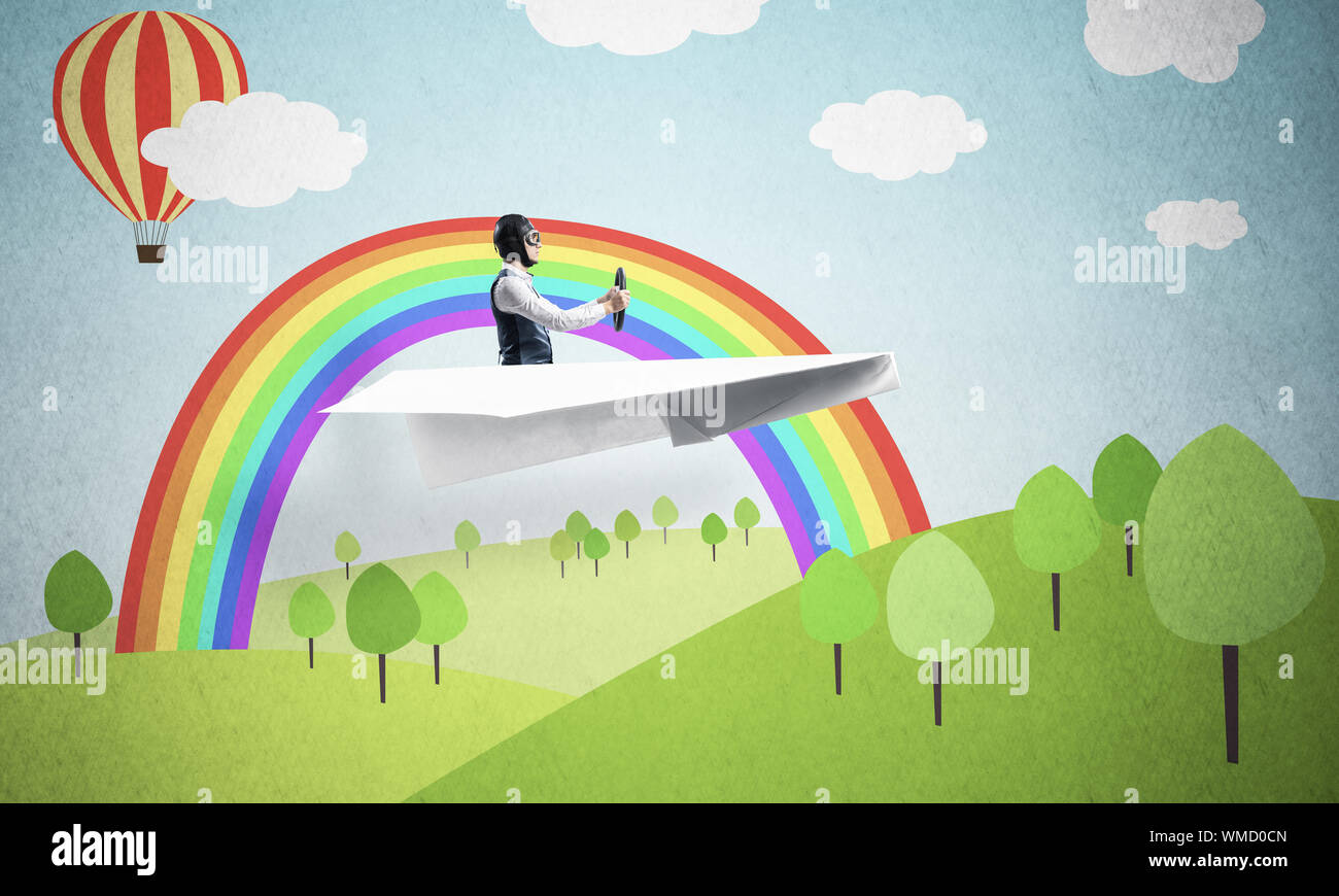 Aviator driving paper plane on background of nature landscape. Cartoon ...
